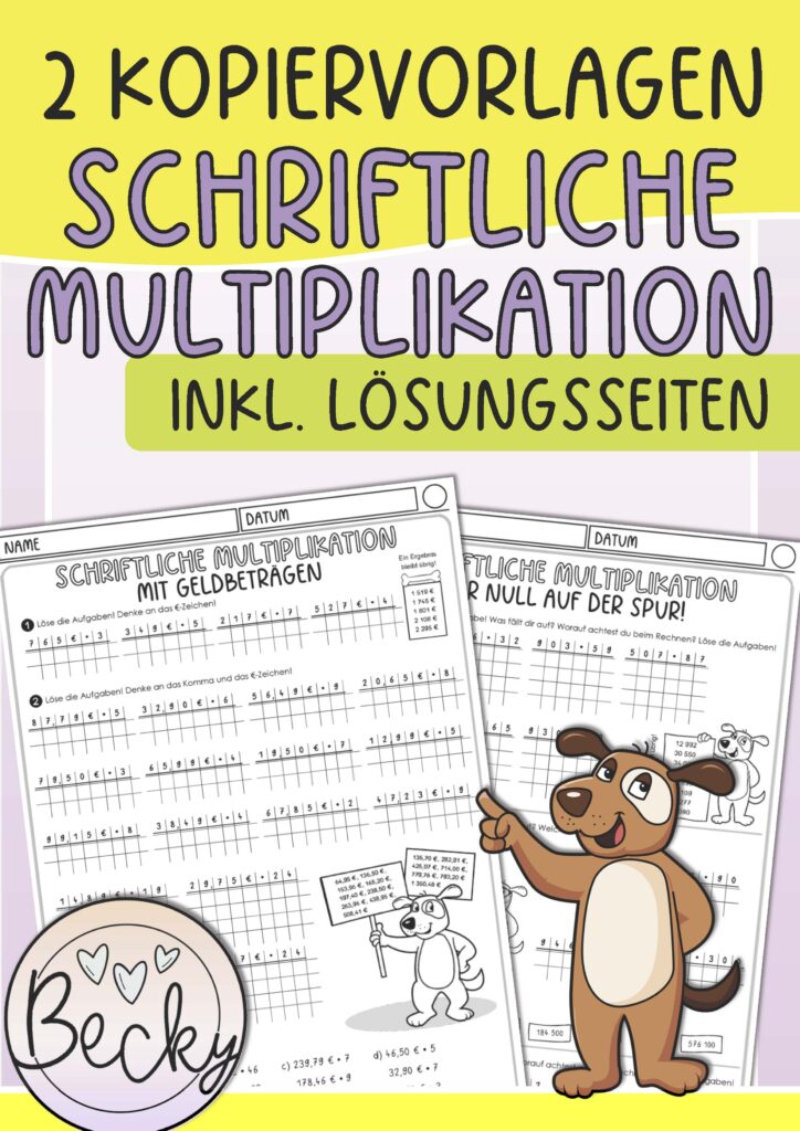 Schriftliche Multiplikation (2 Arbeitsblätter mit Lösungen - Set 1) - Becky