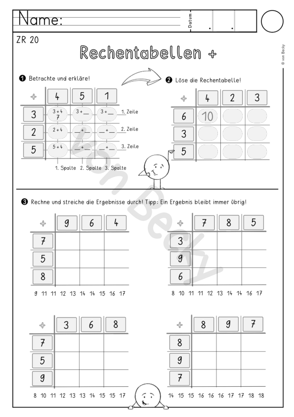 Rechentabellen ZR 20 (Addition und Subtraktion) - Becky